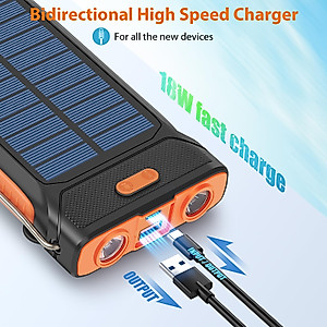 Solar Charger Power Bank, Hand Crank Flashlight QC3.0 Fast Charge External Battery Pack Power Bank with hook up