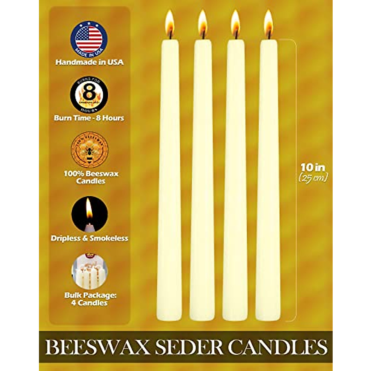 Ner Mitzvah White Beeswax Passover Seder Candles - 8 Hour Burn Time - Tall Beeswax Candles - Pack of 4 Bee Wax Taper Candles
