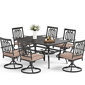 MFSTUDIO 7-Piece Metal Outdoor Patio Dining Furniture Set with 6 Swivel Armrest Chairs and Steel Frame Slat Larger Rectangular Table with 1.57 Umbrella Hole for Poolside, Porch, Backyard