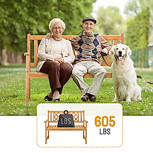 Outvita Wooden Garden Bench, Outdoor Wood Patio Bench, Rustic Two Person Loveseat Chair w/Armrest for Porch Poolside Park Backyard Balcony, Capacity 605Lbs, Grid Backrest