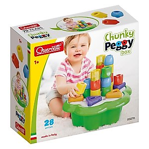 ASO Quercetti Chunky Peggy Stacking Toy - 28-Pieces Including 2 Rattle Pegs, Sturdy Daisy Basket Design with Built-in Storage, for Toddlers and Kids Ages 1 Year and up