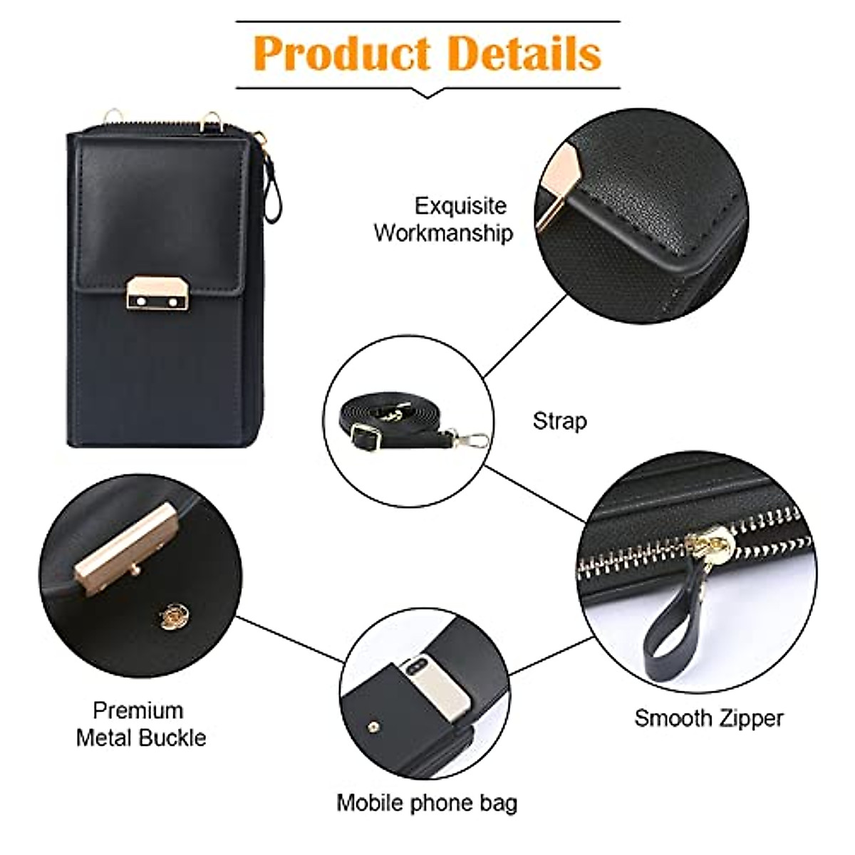 PU Leather Crossbody Bag for Women, Cell Phone Purse Wallet with Card Slots, Cell Phone Shoulder Bag with Shoulder Strap - Black