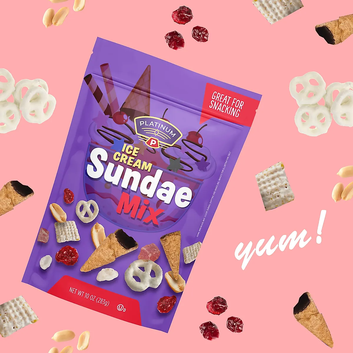 Platinum Ice Cream Sundae Trail Mix – A Decadent Blend of Nuts, Dried Fruits, Dark Chocolate Waffle Cones, Yogurt Pretzels & Corn Squares, Toasted Oats, and Dried Cranberries & Stawberries, Peanuts – 10 oz Resealable Pouch