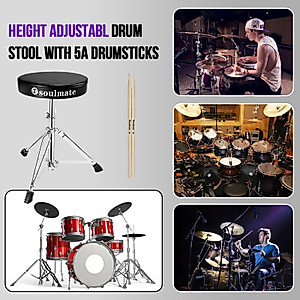 soulmate Drum Throne Drum Stool Padded Drum Seat Height Adjustabl Drumming Stools with Drumsticks, Anti-Slip Feet Portable Folding Drum Chair for Kids Adults, Black