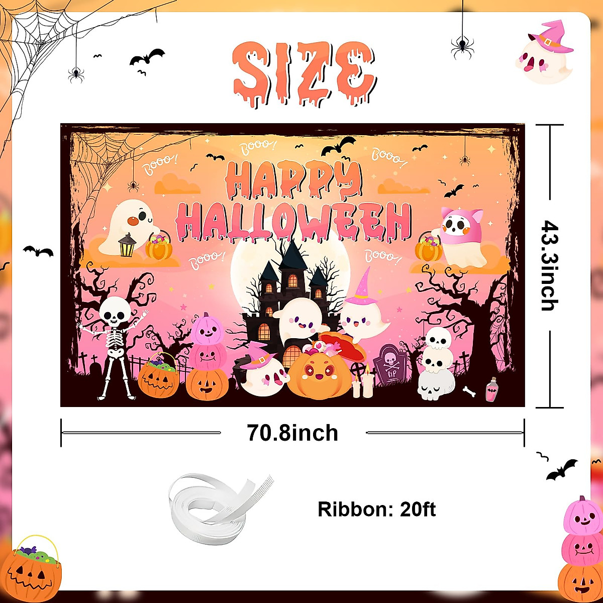 Lecheme Happy Halloween Backdrop Orange Pink Halloween Backdrop for Kids Cute Ghost Pumpkin Spooky Castle Halloween Banner Halloween Photo Booth Background