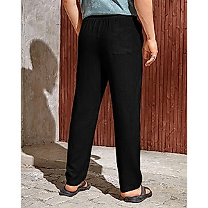Mens Drawstring Linen Pants Relaxed Fit Elastic Waist Casual Pants Lightweight Yoga Beach Trousers Black