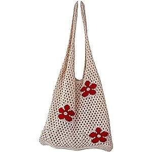 Fairycore Hobo Bag for Women Fairy Grunge Aesthetic Tote Bag Y2K Flower Print Knitted Crochet Cottagecore Bags Accessory (Beige)