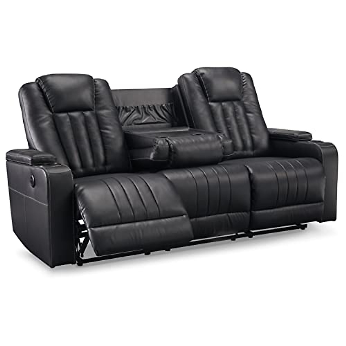 Signature Design by Ashley Center Point Contemporary Faux Leather Tufted Reclining Sofa with Drop Down Table, Black