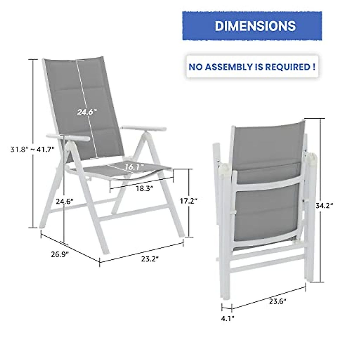 Soleil Jardin Folding Patio Chairs Set of 4, Aluminum Portable Reclining Lawn Chairs with Adjustable High Backrest & Soft Padding, Outdoor Dining Chairs for Porch Pool Yard, No Assembly, White & Gray