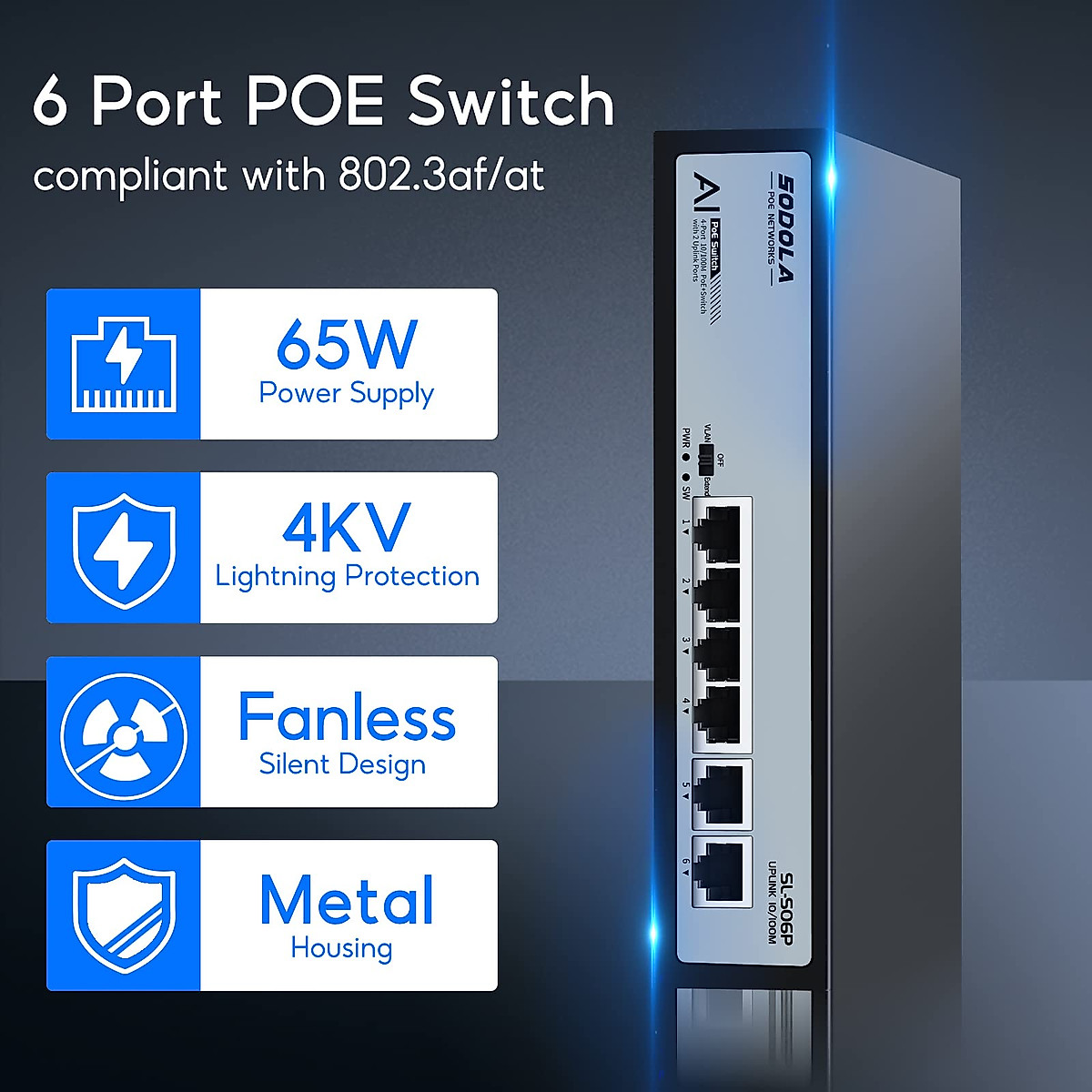SODOLA 4 Port PoE+ Switch | 4 PoE+ Ports &2 Fast Ethernet uplink,65W 802.3af/at, Extend Function, Fanless Metal,Plug & Play Unmanaged Network Switch