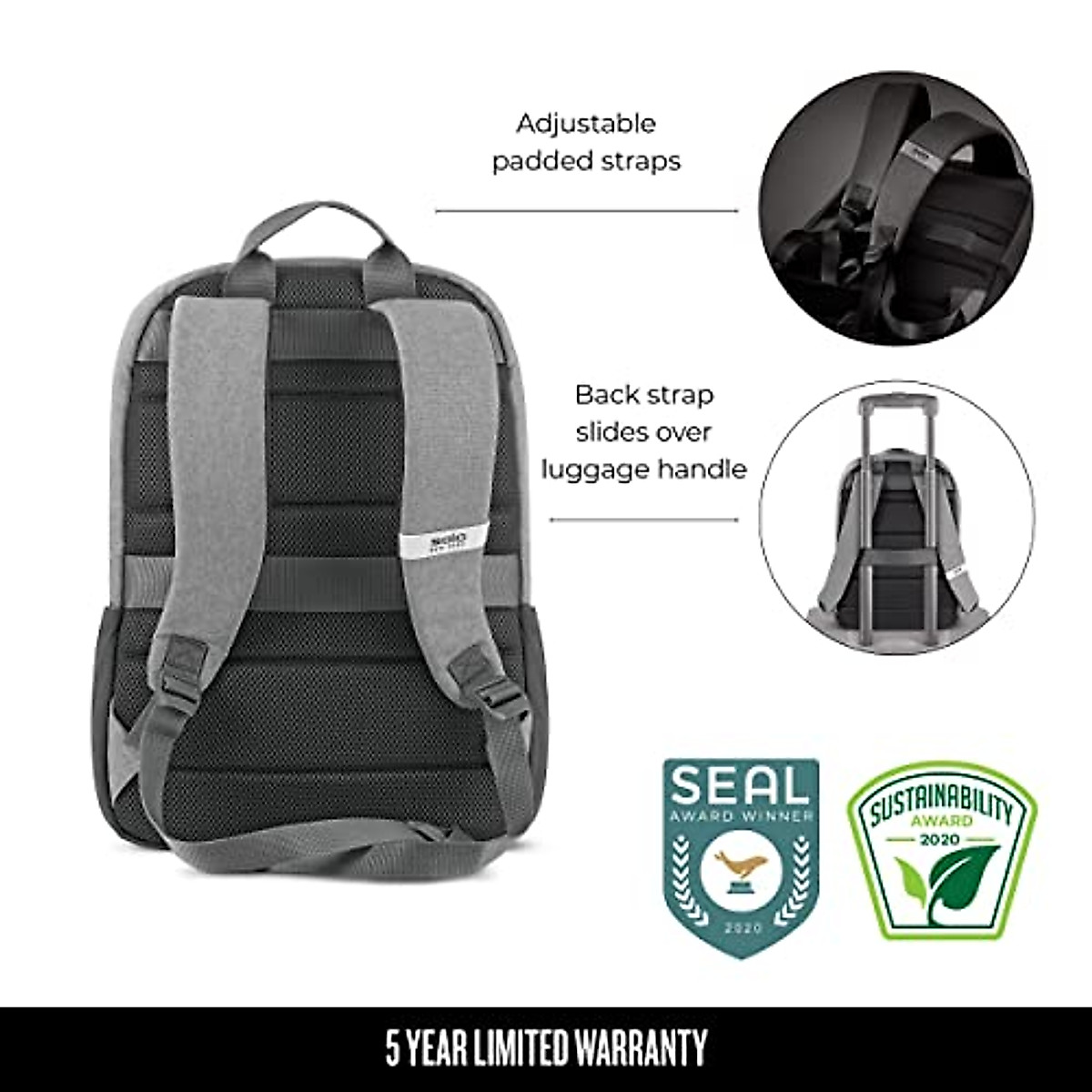 Solo Re:Cover 15.6 Inch Laptop Backpack, Grey