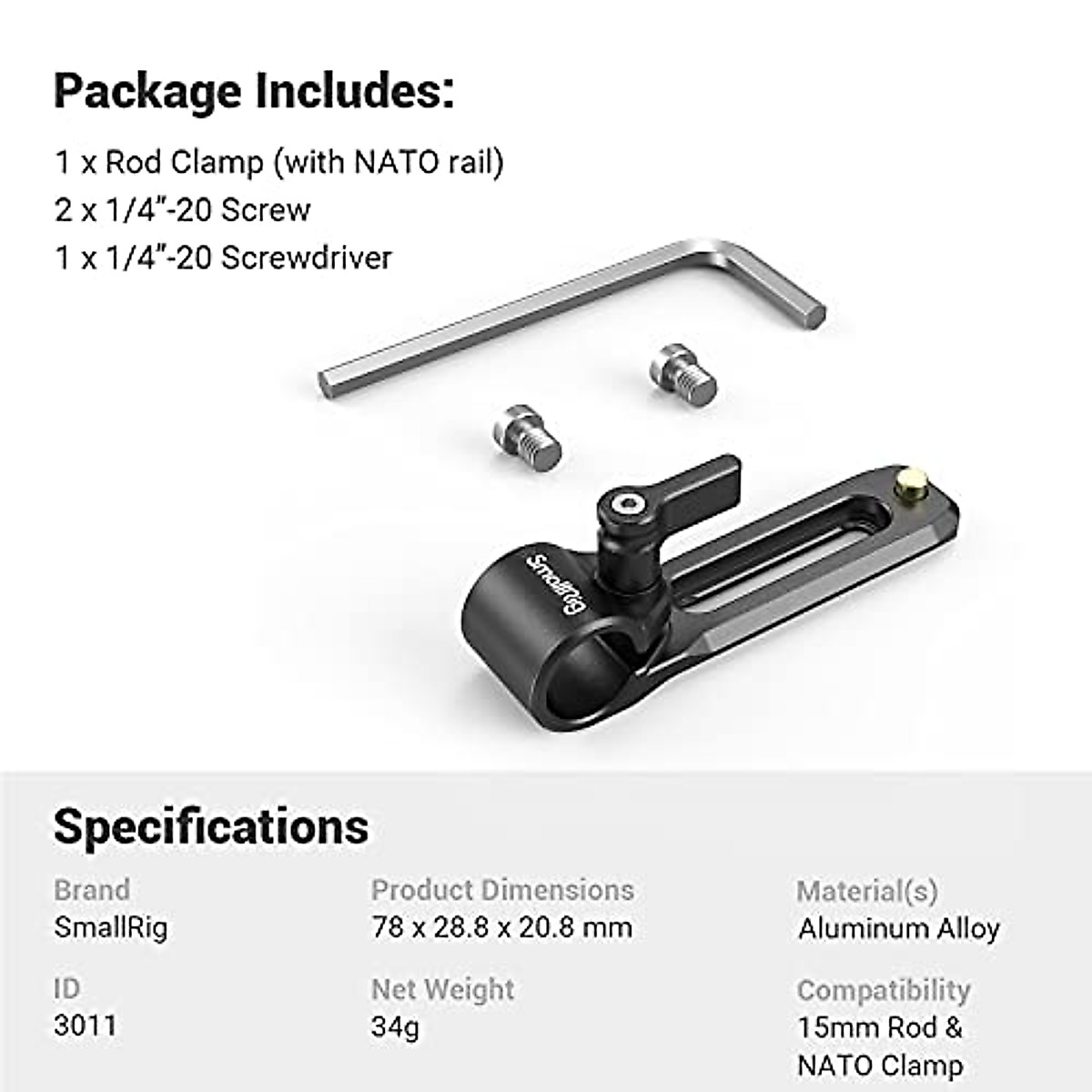 SmallRig 15mm Single Rod Clamp with Integrated NATO Rail - 3011