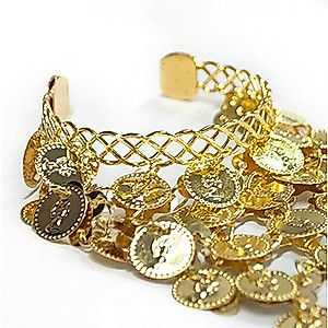 3 Pcs Belly Dance Gold Coins Necklace and Earrings Bracelets Gypsy Jewelry Coin Bracelet Hand Decoration Wrist Bangle Ring Hand Decoration Wrist Bangle Ring with a Stylus(Gold)
