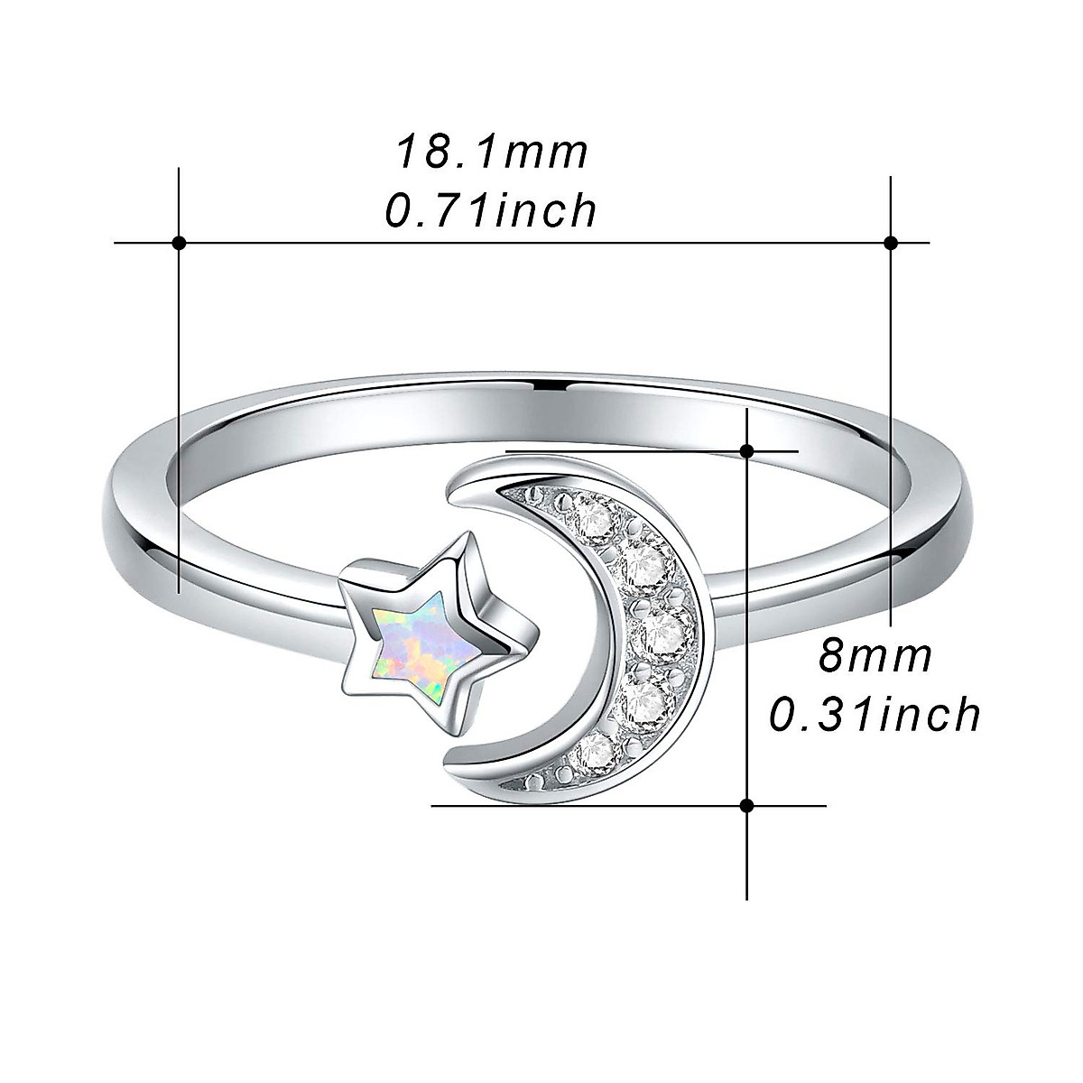 CUOKA MIRACLE Moon Ring, S925 Sterling Silver Crescent Moon and Star Ring Synthetic Opal Open Ring Adjustable Ring Gift for Women