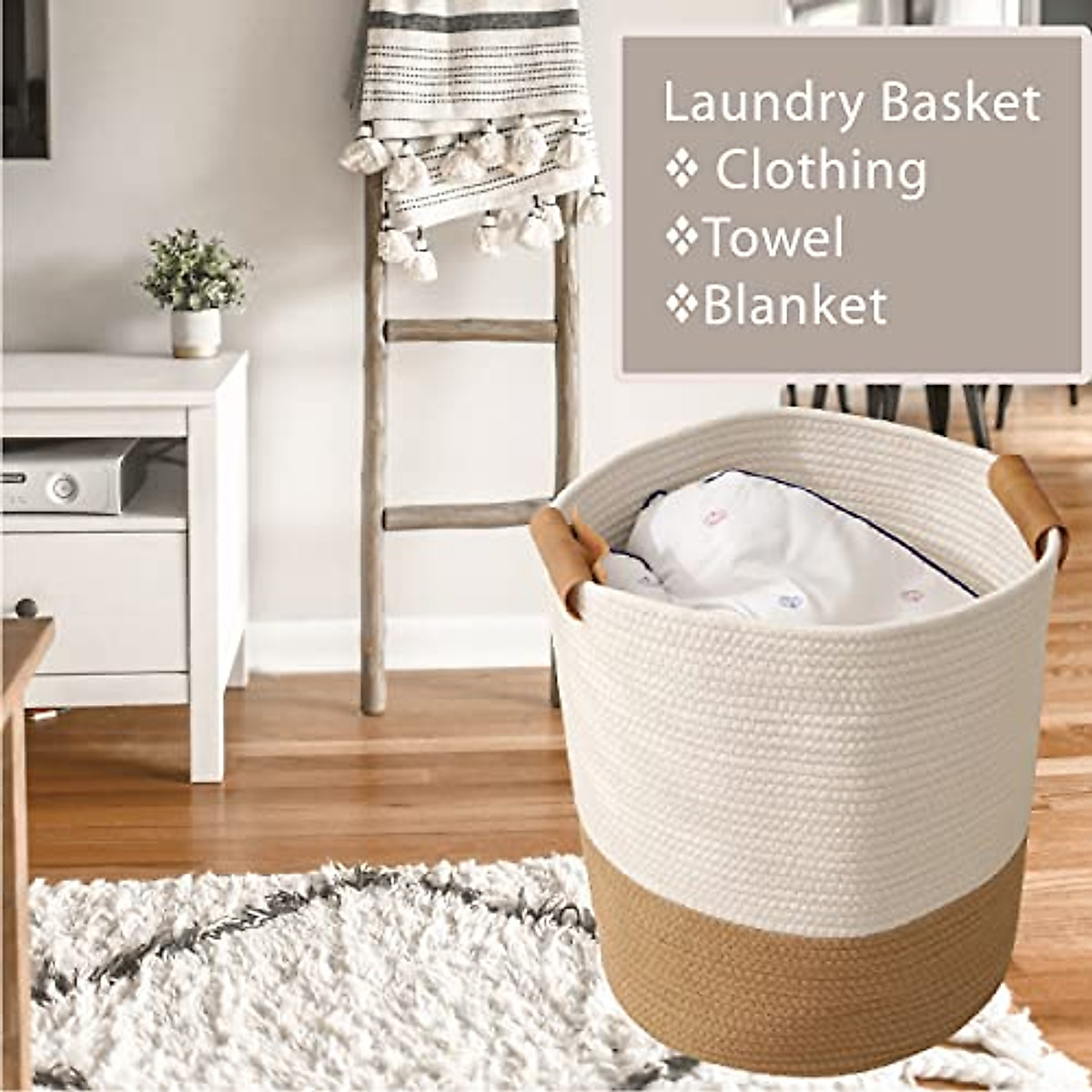 OHROS 1 Piece Woven Baskets For Storage Rope Laundry Basket For Organizing Hamper Boho Cotton Laundry Basket For Bathroom Towel Blanket Closet Clothes Storage Toy Bin Round Tall Basket 13.5 X 14.5"