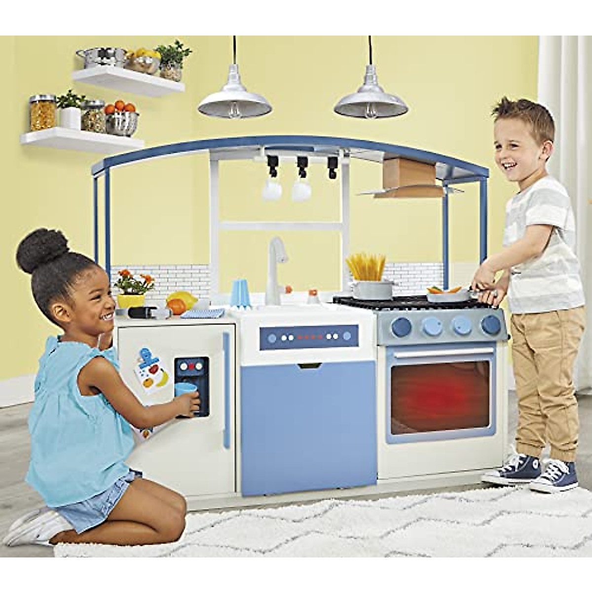 Little Tikes Wood Chef's Play Kitchen with Realistic Lights Sounds, 20+ Interactive Accessories Set, Dual-Sided White & Blue Wooden Play Kitchen- Gift for Kids Girls Boys, Pretend Toy for Ages 3 4 5+