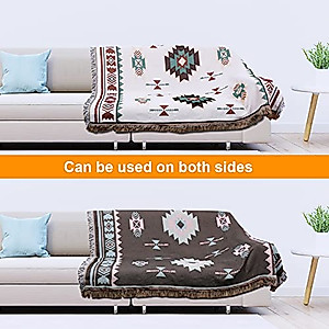 KKUYT Aztec Blanket, Oversized Boho Throw Blanket with Fringe, Southwestern Geometric Tapestry Vintage Woven Throw Blankets, Double-Sided Home Decor for Couch Sofa Chair Bed Travel (51" x 63")