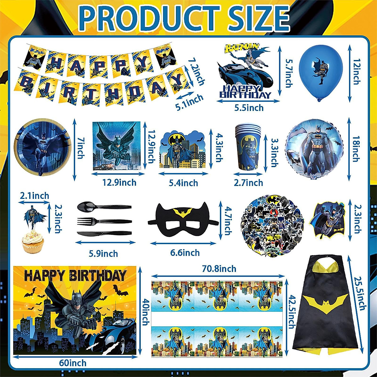 186PCS batm Birthday Party Supplies,Superhero Party Decorations Set Include Birthday Banner,Cake Topper,Cupcake Toppers,Tablecloth,Napkins,7Inch Plates,Invitation Card,Knives,Forks,Spoons