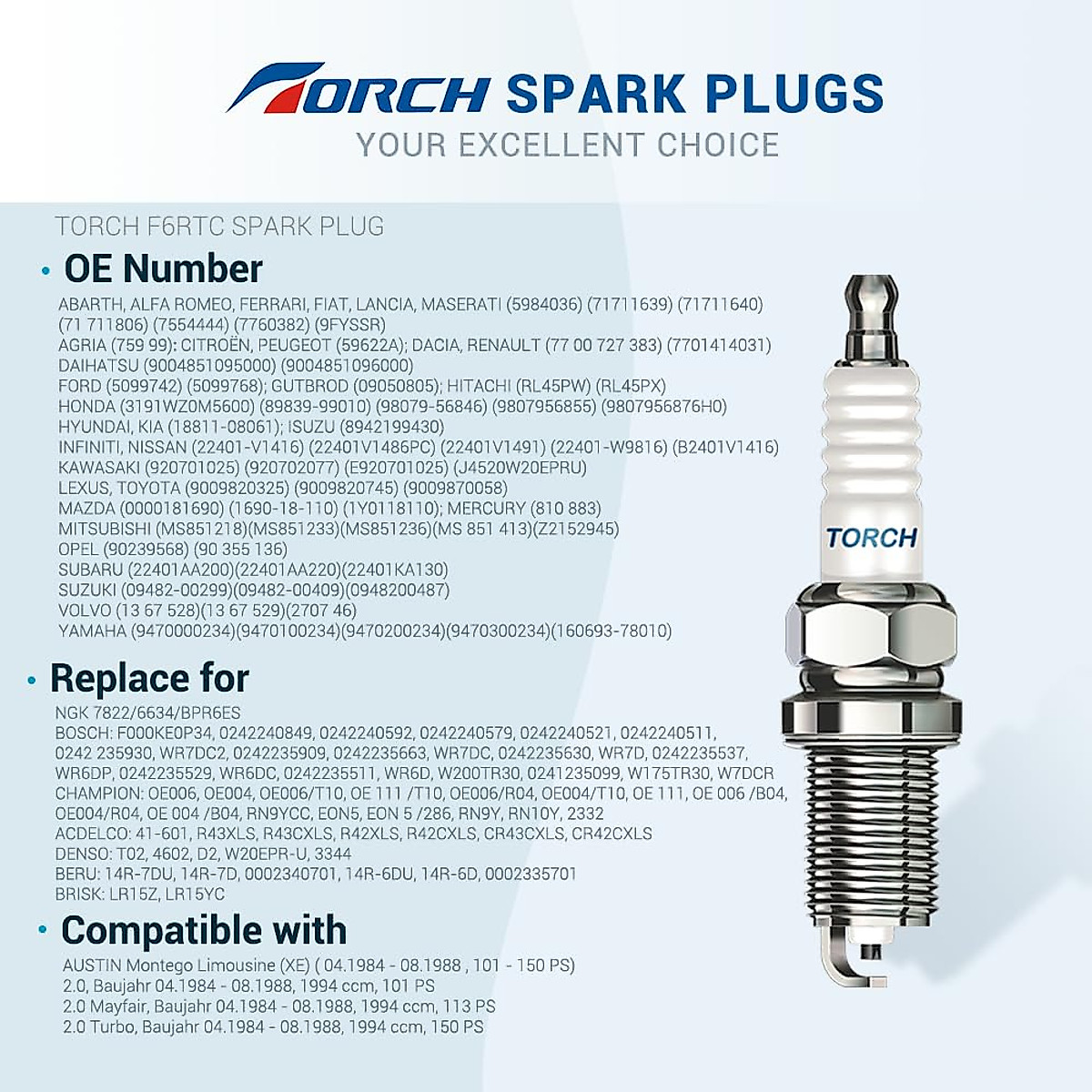 TORCH F6RTC 131-039 Spark Plug Replace for NGK BPR6ES Spark Plug,for Bosch WR6DC WR7DC Spark Plug,for Champion RN9YC RN10YC Spark Plug,for Denso W20EPR-U Spark Plug,for MTD 951-10292/751-10292, OEM,ea