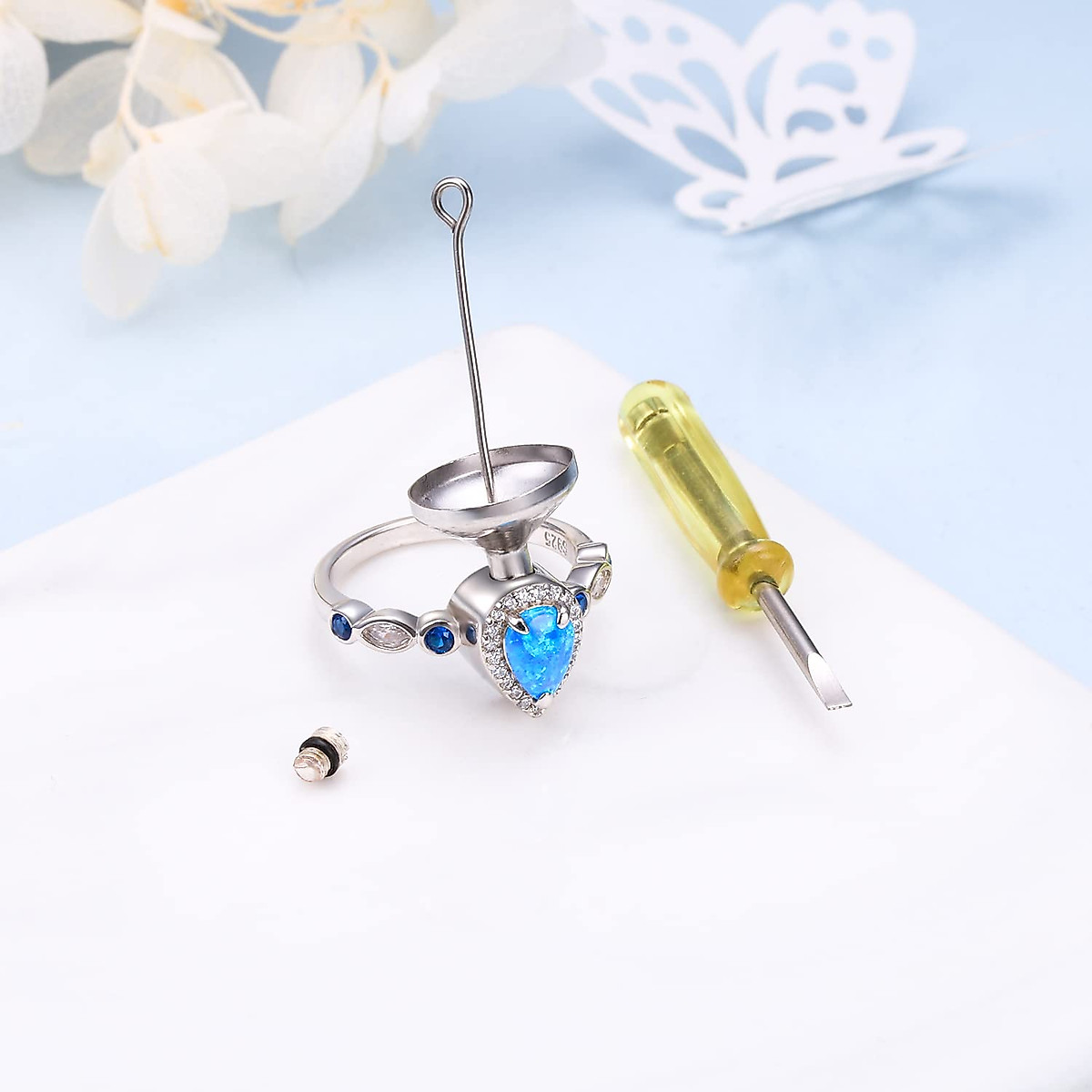 925 Sterling Silver Teardrop Urn Rings Hold Loved Ones Ashes, Blue Opal Cremation Keepsake Urn Ring Memorial Jewelry Gift for Ashes for Women