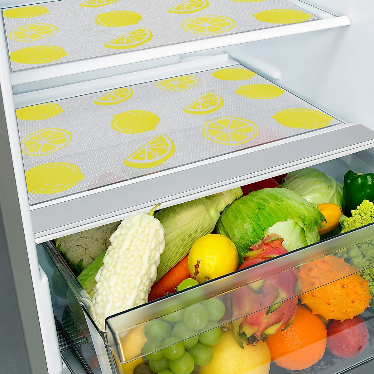 Ganwawo 8 Pcs Refrigerator Liners,Washable Non-Slip Refrigerator mat,Free Anti-Slip mat,for Drawer, Shelf and Refrigerator Liners, Cuttable Refrigerator mat (Lemon)