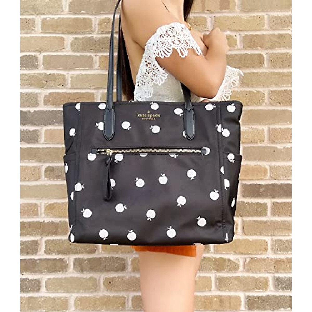 Kate Spade Chelsea Little Better Nylon Large Top Zip Tote Bag Black Apple Print