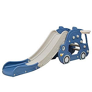 Slide for Kids, Toddler Playground Slipping Slide Climber, Extra Long Slide Slope with Basketball Hoop for Indoor Outdoor Backyard Use (Blue Car) Kids House with Slide (Blue, One Size)