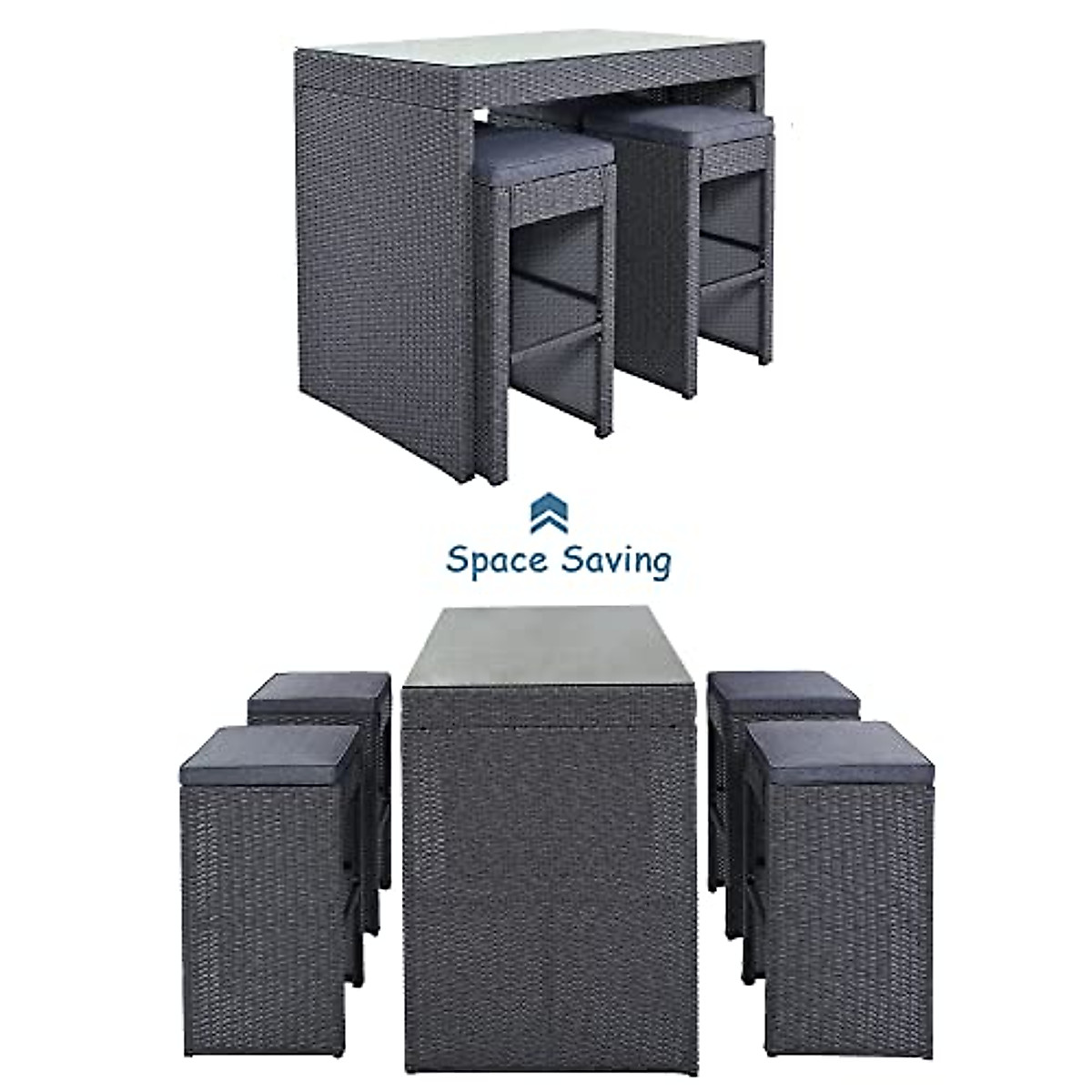 5-Piece Outdoor Patio Wicker Bar Set, Garden PE Rattan Wicker Dining Table, Square Stool Set, Glass Tabletop, High-Dining Bistro Set with 4 Stools and 1 Wood Table (Grey2-5PCS)