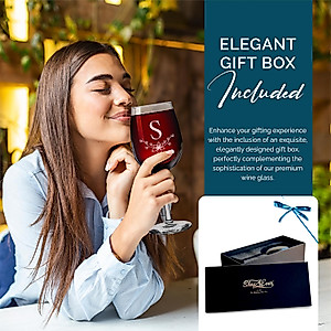 Floral Monogram Initial Engraved Stemmed Wine Glass 16 oz. Personalized Custom Drinks Gift for Her, Him (S)