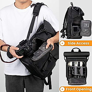 TARION Camera Backpack with Removable 16" Laptop Sleeve Canvas Camera Bag Photography Backpack for DSLR SLR Mirrorless Cameras Video Camcorder Includes Waterproof Raincover Black Rolltop DSLR Backpack