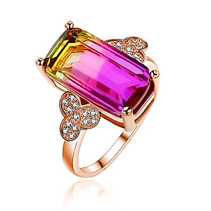 Uloveido Created Tourmaline Gemstone Rings18k Rose Gold Plated Ring with Big Rectangle Stone (size 6) RJ400