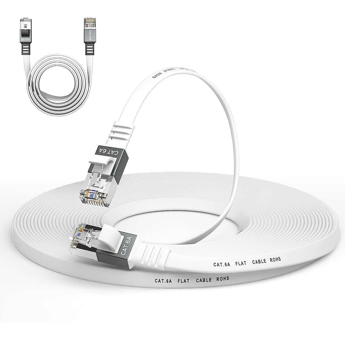 Cat 6a Ethernet Cable 50 Ft,Durable Flat Internet Network LAN Cable with 1.5Ft Short Patch Cord, Slim High Speed Gigabit Computer Wire with RJ45 Connectors, Faster Than Cat6/Cat5e/Cat5 Cable - White