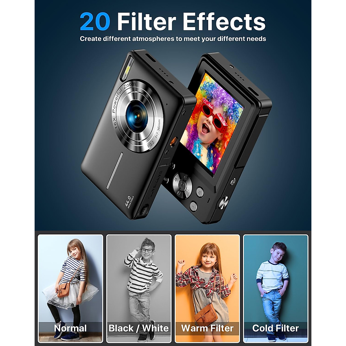 Digital Camera, FHD 1080P Kids Camera 44MP Compact Digital Camera with 32GB Card, 1 Batteries 16X Digital Zoom Point and Shoot Digital Cameras Gift for Kids Boys Girls Teens (Black)