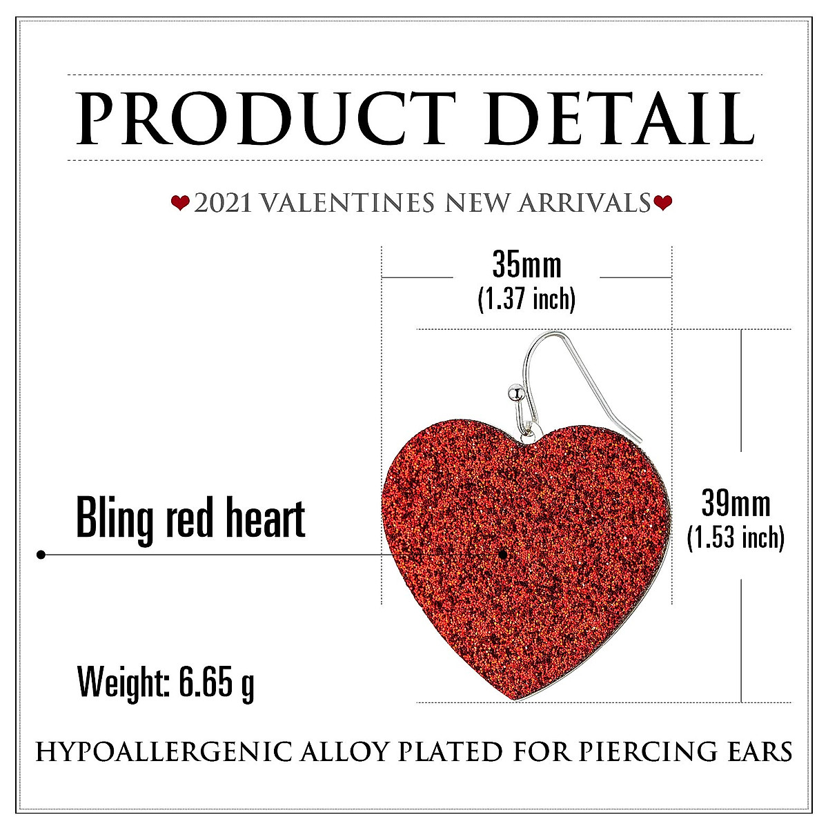 RareLove Valentines Gifts Bling Red Heart Hook Dangle Earrings Statement Jewelry For Women Silver Alloy Plated