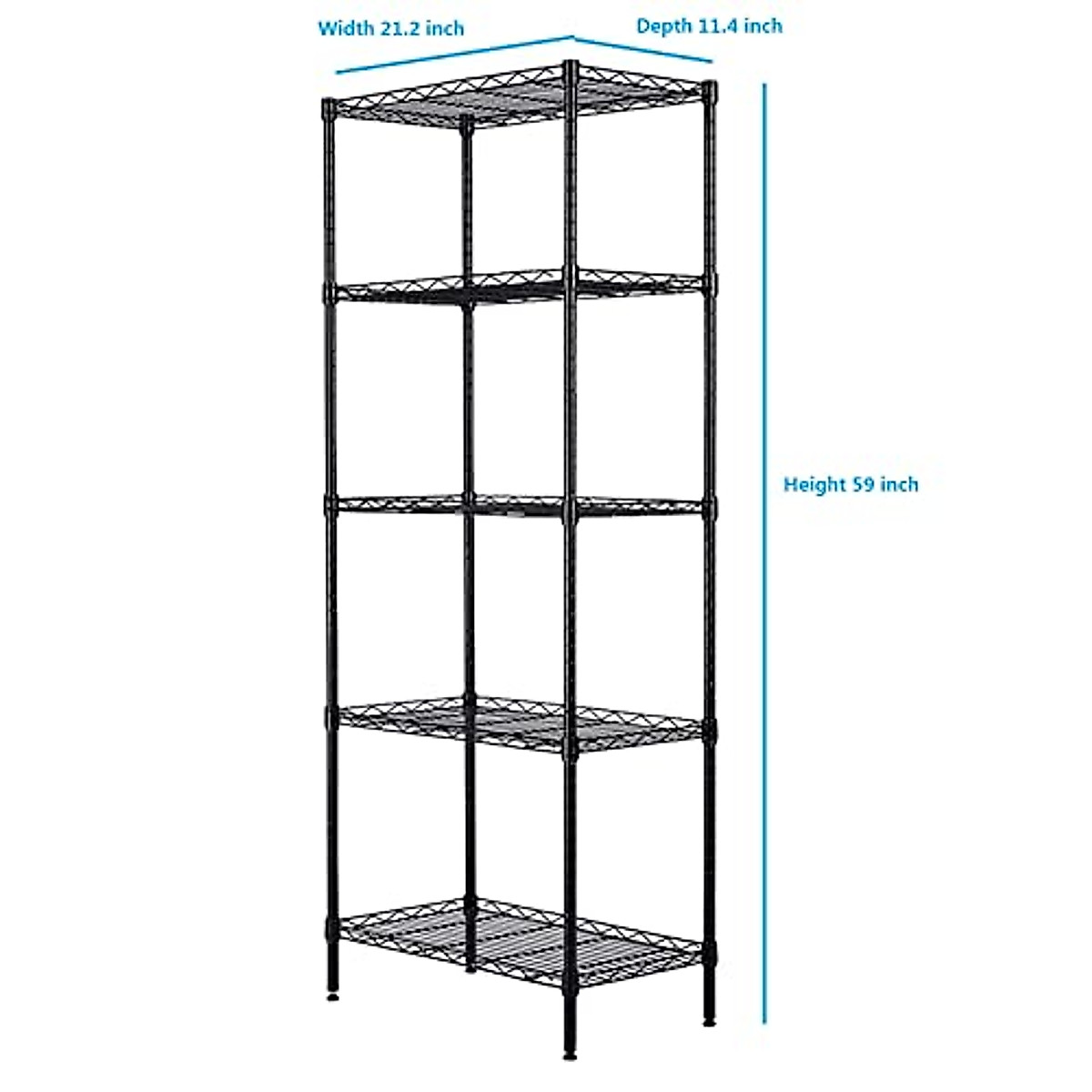 5 Tier Slim Storage Rack,Steel Storage Wire Shelf,Heavy Loading Storage Organizer, Adjustable Levelling Feet Shelving Unit, Black,21.2W x 11.4D x 59H