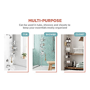 Zenna Home Tension Pole Shower Caddy with 4 Shelves and Hooks, Satin Chrome, 60-108 Inch – Rustproof Standing Corner Shower Organizer Shelf – Sturdy Adjustable Shower Rack for Bathroom Essentials