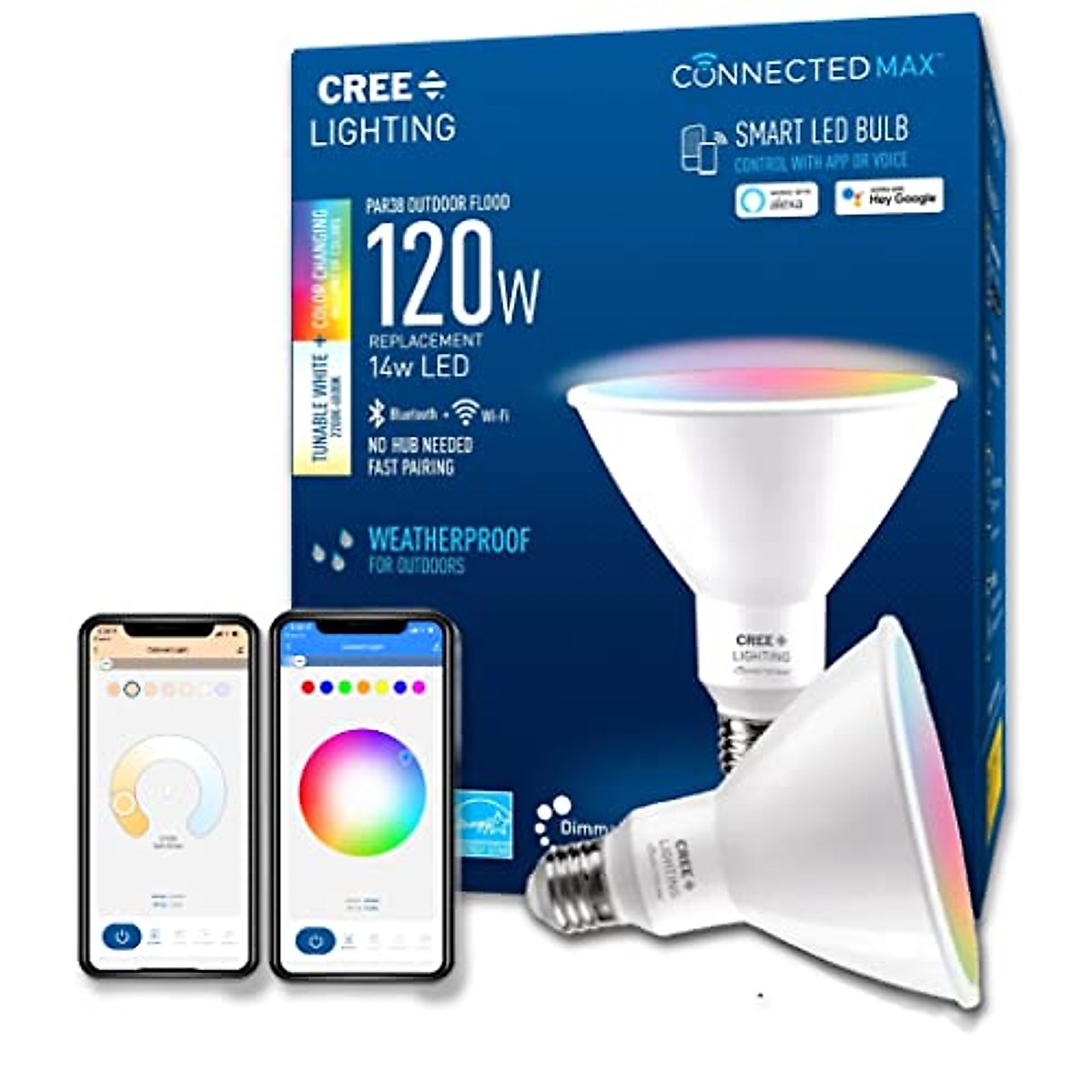 Cree Lighting Connected Max Smart Led Bulb Par38 Outdoor Flood Tunable White + Color Changing, 2.4 Ghz, Works With Alexa And Google Home, No Hub Required, Bluetooth + Wifi, 1Pk
