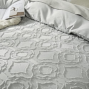 BEDAZZLED Duvet Cover Queen Size, 3 Pieces Tufted Comforter Cover Set, Soft and Embroidery Shabby Chic Boho Bedding Sets for All Seasons, Light Grey