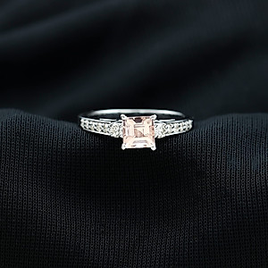 Certified Morganite 5 mm Princess Cut Engagement Ring, AAA Quality, Natural Peach Morganite Diamond Ring (With Jewelry Box), 14K White Gold, Size:US 5.00