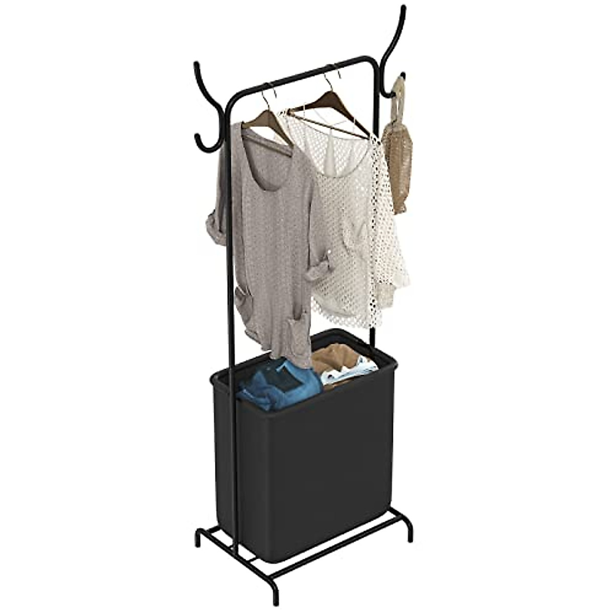 Waktavel Laundry Cart with Hanging Rack, Freestanding Laundry Hamper with Clothing Rack, Laundry Sorter with Hanging Bar and 2 Side Hook for Living Room Bedroom Entrance