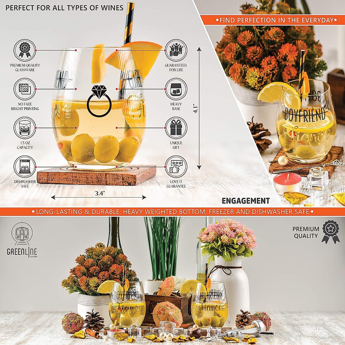 Greenline Goods – Toasting Glasses for Bride and Groom (Set of Two)| Stemless Wine Glasses | Engagement Bachlorette Gifts for Bride