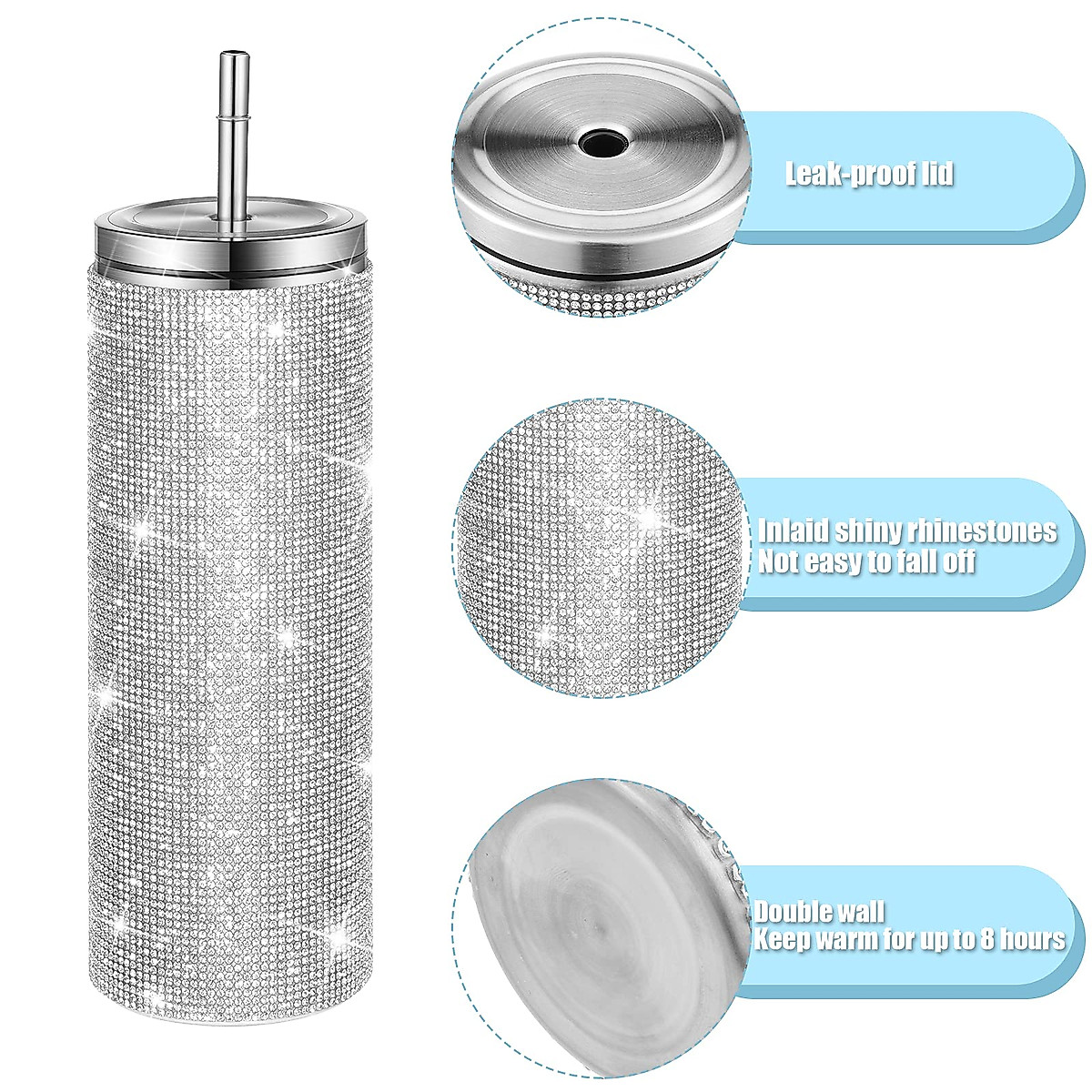 Glitter Water Bottles Diamond Bling Cup 20oz Rhinestone Stainless Steel Water Bottle Insulated Cups with Straws Christmas Water Bottle with Cup Brushes 6 Pcs Straw Brushes for Women (Silver)