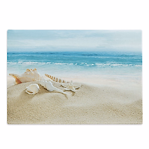 Ambesonne Seashells Cutting Board, Pastel Toned Beach Scene and Waves Summer Season Holiday Vacation Theme, Decorative Tempered Glass Cutting and Serving Board, Large Size, Sand White