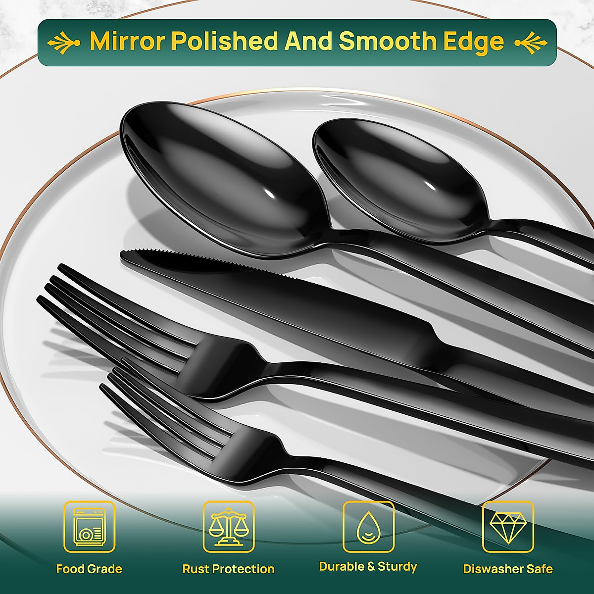 40 Pieces Black Silverware Set,Premium Stainless Steel Flatware Set For 8, Yoehka Mirror Polished Tableware Cutlery Set For Home And Restaurant, Include Knife/Spoon And Fork, Dishwasher Safe