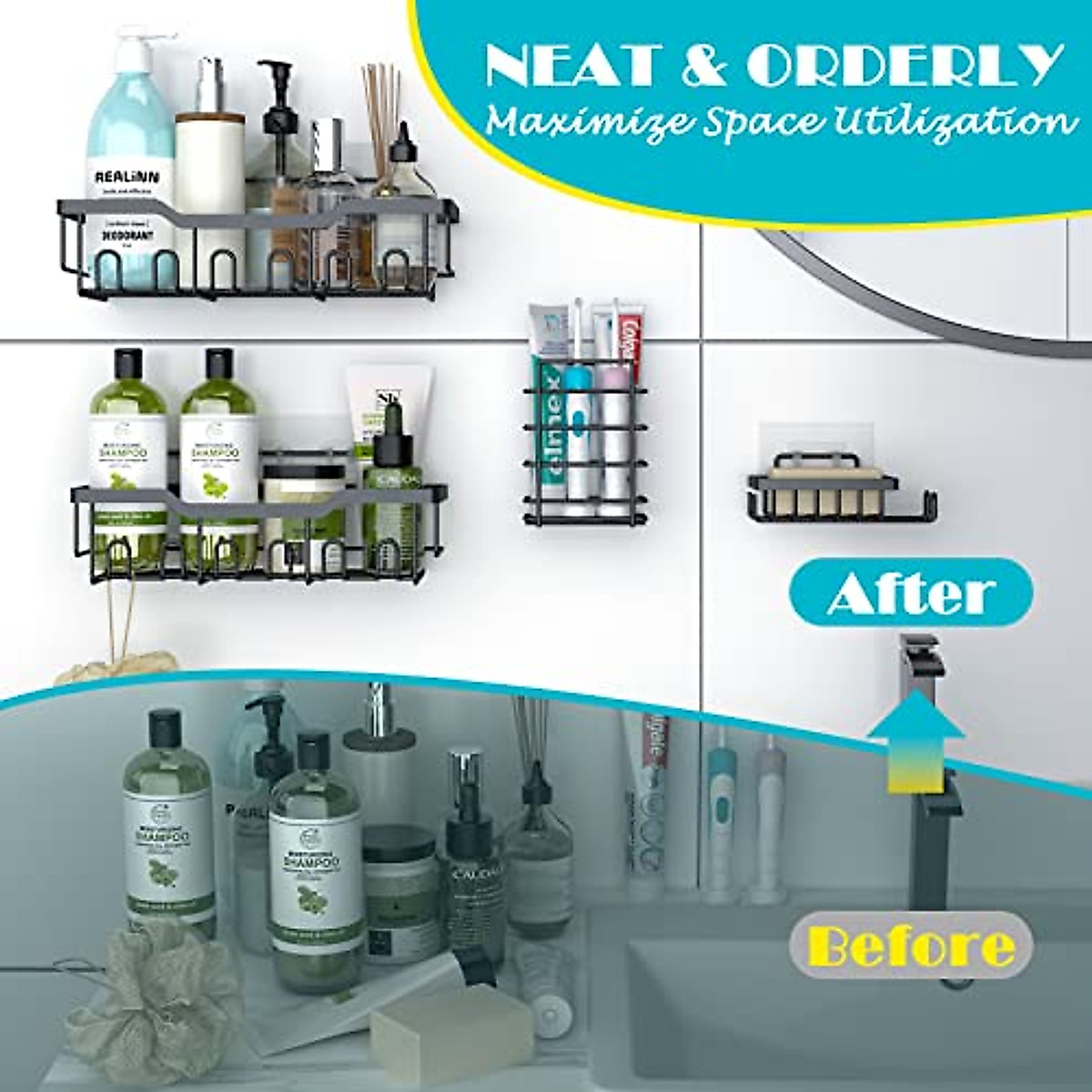 REALINN Shower Caddy, [5-Pack] Shower Shelves for Inside Shower, Adhesive Shower Organizer, No Drilling Rustproof Stainless Steel Bathroom Caddy, Large Capacity Shower Rack, Black