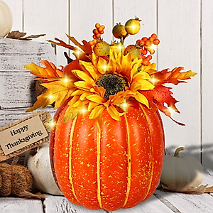 Roseeyo 11 Inch Lighted Pumpkin Decor, Thanksgiving Decorations Artificial Pumpkin with 30 LED Lights 9 Maple Leaves 2 Pumpkins 2 Berry Stems Sunflower Straw, Autumn Pumpkin Home Table Decorations