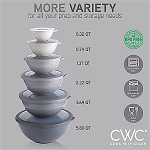 COOK WITH COLOR Mixing Bowls Set with TPR Lids - 12 Piece Plastic Nesting Bowls Set includes 6 Prep Bowls and 6 Lids, Microwave Safe (Grey)