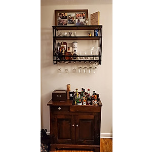 SSS Furniture Industrial Wine Rack Wall Mounted with 8 Stem Wine Glass Holder, 31.5in Hanging Wall Wine Rack Floating Bar Shelves, 3-Tier Wood Shelves Wine Shelf Home Décor Display Rack