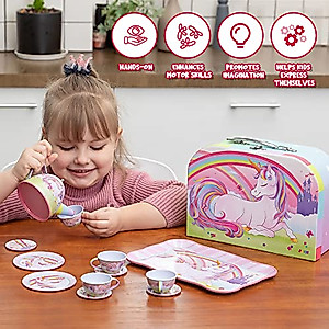 JOYIN Unicorn Tea Set for Toddlers Tea Party Set for Children Kids Pretend Role Play Tin Teapot Set with Cups, Plates and Carrying Case Kitchen Toy for Little Girls Birthday Gifts Age 3 4 5 6