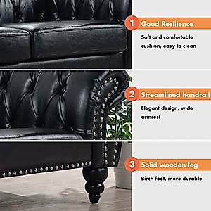 Wlvos 84" Leather Chesterfield Sofas for Living Room, Rolled Arm 3-Seater Large Couch Deep Button Nailhead Tufted Upholstered Couches for Bedroom, Office Apartment Easy to Assemble (Black)